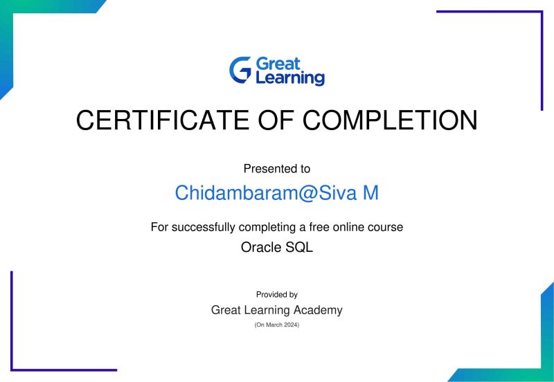 CHIDAMBARAM SIVA M on LinkedIn: SQL Completion Certificate CHIDAMBARAM SIVA M on LinkedIn: SQL Completion Certificate