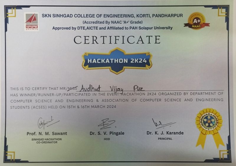 Participated in SKN Sinhgad Hackathon | Avdhut Pise posted on the topic ... Participated in SKN Sinhgad Hackathon | Avdhut Pise posted on the topic ...