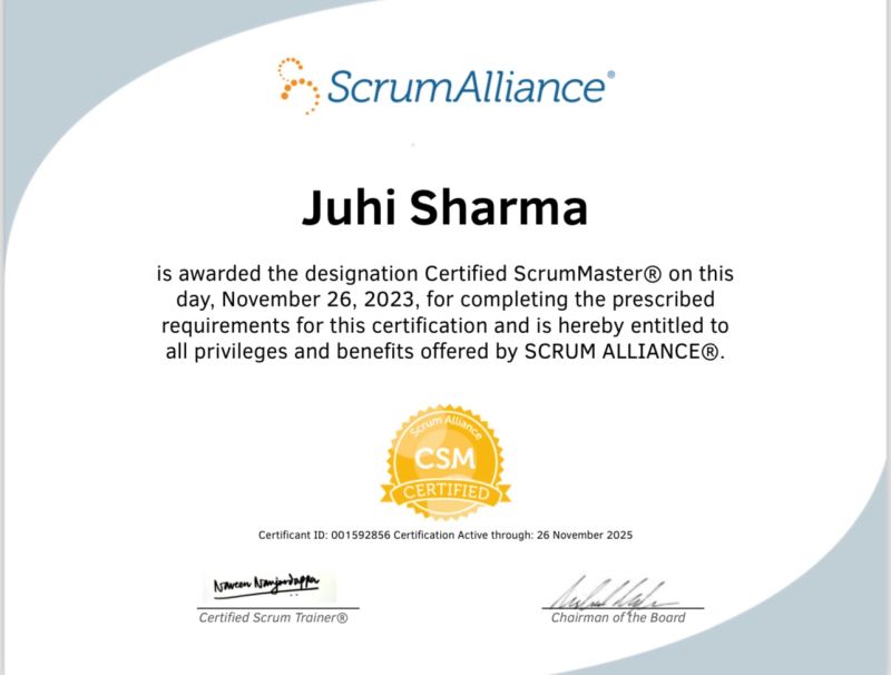 Juhi sharma on LinkedIn: #csm #certifiedscrummaster #scrum Juhi sharma on LinkedIn: #csm #certifiedscrummaster #scrum