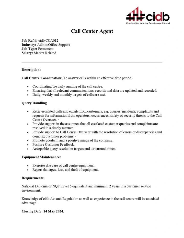 Wendy Masote on LinkedIn: CIDB is hiring a Call Centre Agent and a HR ... Wendy Masote on LinkedIn: CIDB is hiring a Call Centre Agent and a HR ...