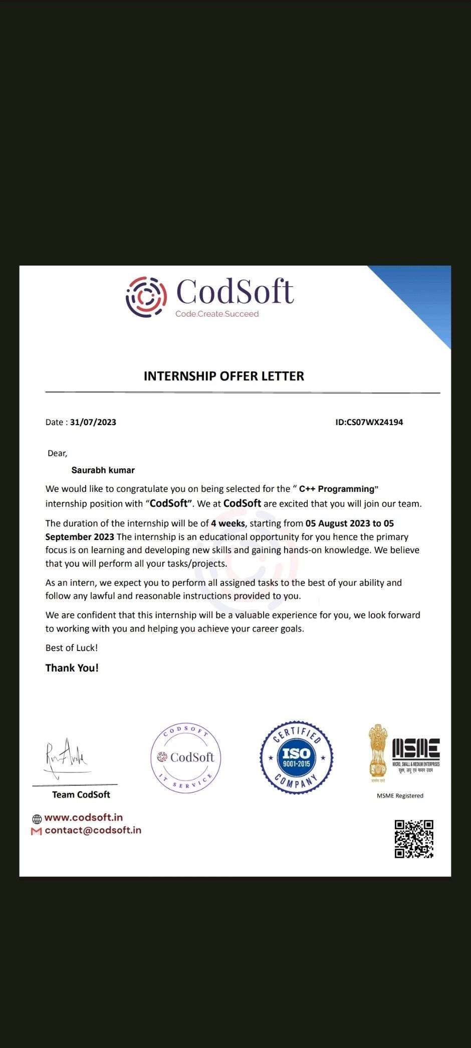 saurabh kumar on LinkedIn: #codsoft #cplusplus #growth #technology saurabh kumar on LinkedIn: #codsoft #cplusplus #growth #technology