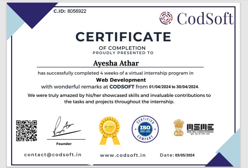 Ayesha Athar on LinkedIn: #remoteinternship #webdevelopment #codsoft # ... Ayesha Athar on LinkedIn: #remoteinternship #webdevelopment #codsoft # ...