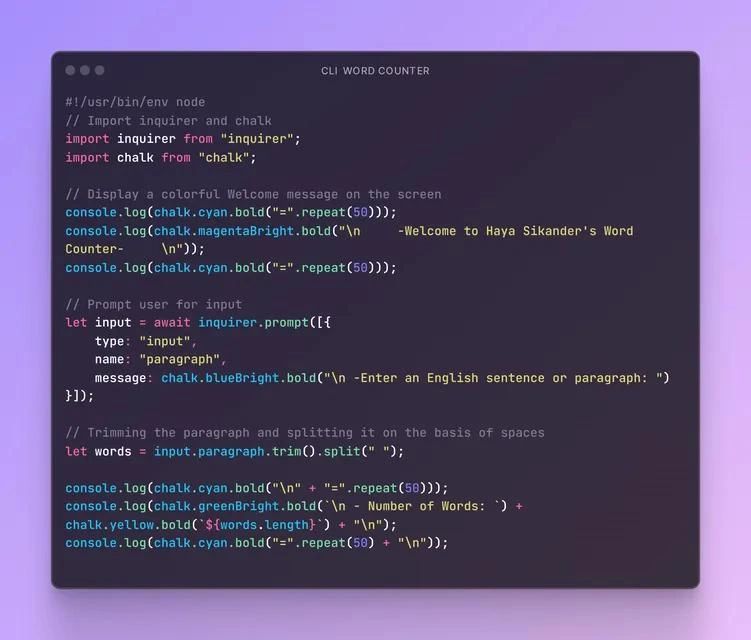Haya Sikander on LinkedIn: #wordcounter #cli #javascript #nodejs # ... Haya Sikander on LinkedIn: #wordcounter #cli #javascript #nodejs # ...