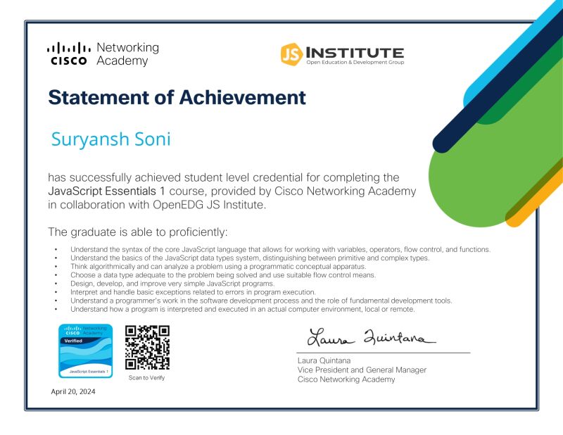 Suryansh Soni on LinkedIn: #javascript #certification #cisconetworking ... Suryansh Soni on LinkedIn: #javascript #certification #cisconetworking ...