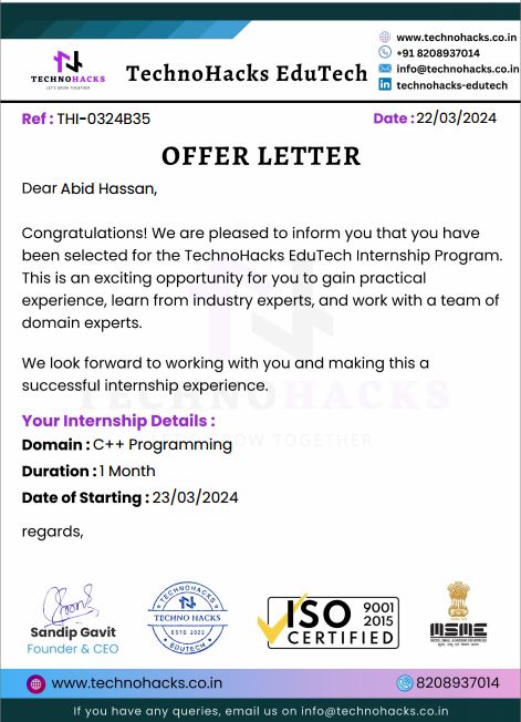 Abid Hassan on LinkedIn: #cplusplus #technohacks #internship Abid Hassan on LinkedIn: #cplusplus #technohacks #internship