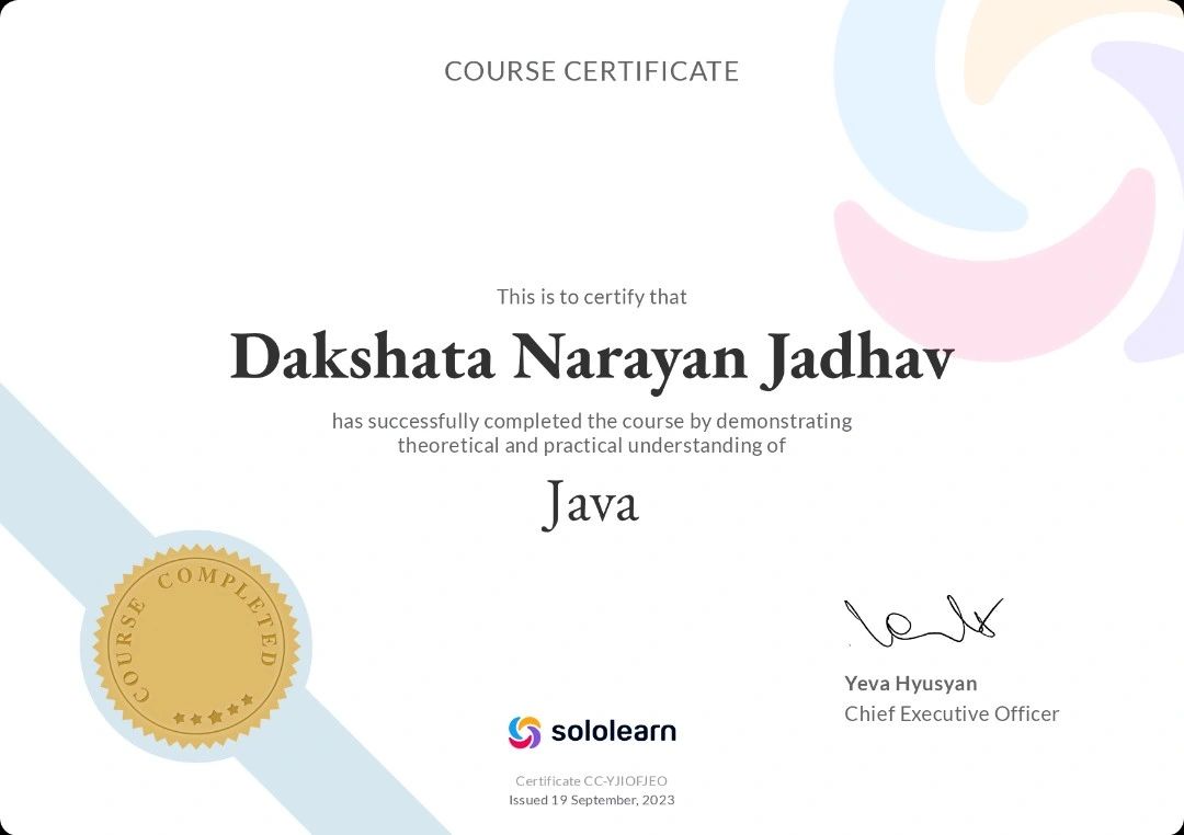 Dakshata Jadhav on LinkedIn: Successfully Completed Java Course... 😊 Dakshata Jadhav on LinkedIn: Successfully Completed Java Course... 😊