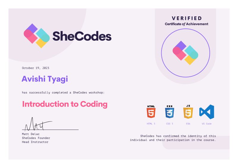 Avishi Tyagi on LinkedIn: #certification #continuouslearning #shecodes ... Avishi Tyagi on LinkedIn: #certification #continuouslearning #shecodes ...