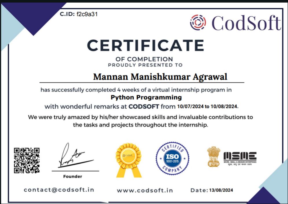 Mannan Agrawal on LinkedIn: #codsoft #acomplished #python #internship # ... Mannan Agrawal on LinkedIn: #codsoft #acomplished #python #internship # ...