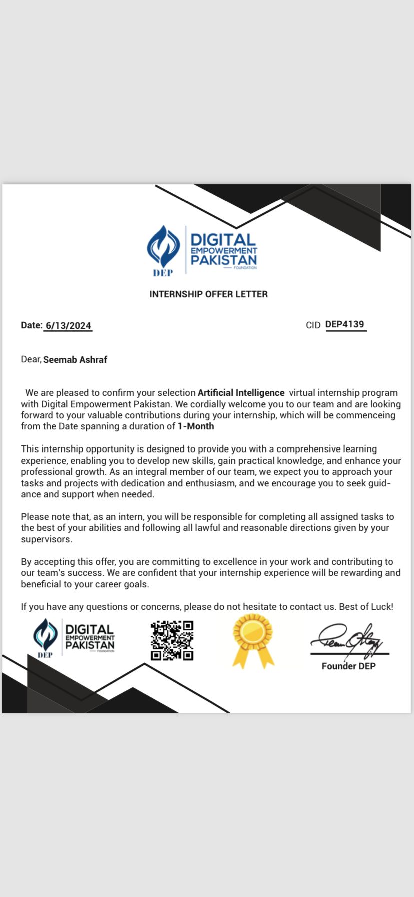 Seemab Ashraf on LinkedIn: Received an offer letter of internship from ... Seemab Ashraf on LinkedIn: Received an offer letter of internship from ...