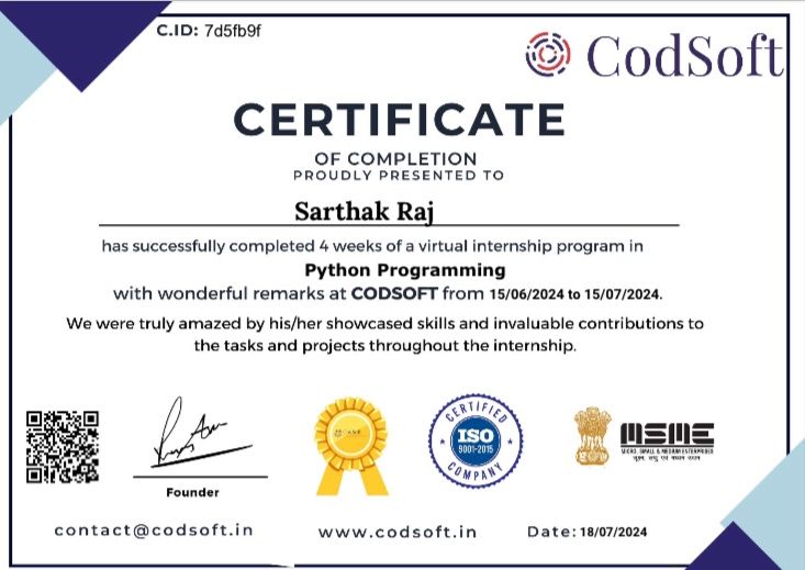 Sarthak Raj on LinkedIn: #internship #codsoft Sarthak Raj on LinkedIn: #internship #codsoft