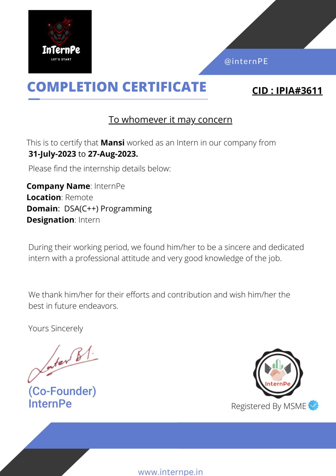 Mansi Khati on LinkedIn: #internship #dsa #c #internpe Mansi Khati on LinkedIn: #internship #dsa #c #internpe