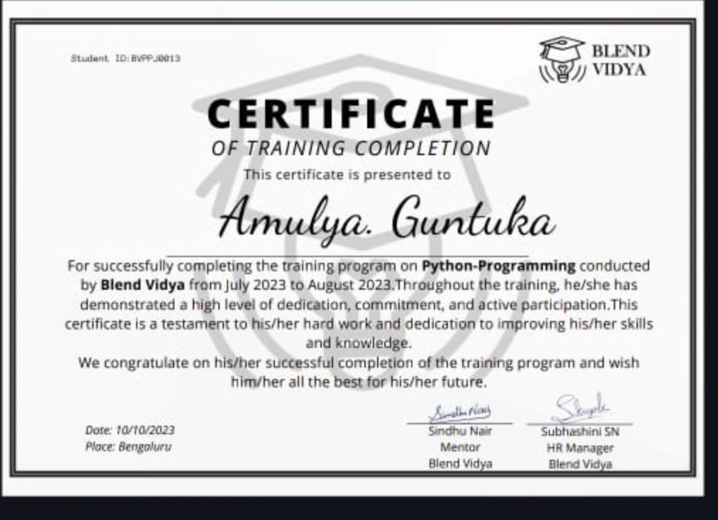 AMULYA GUNTUKA on LinkedIn: #pythonprogramming #training #internship AMULYA GUNTUKA on LinkedIn: #pythonprogramming #training #internship
