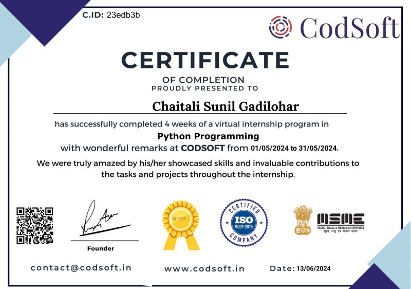 Chaitali Lohar on LinkedIn: #internship #python #codsoft #programming # ... Chaitali Lohar on LinkedIn: #internship #python #codsoft #programming # ...