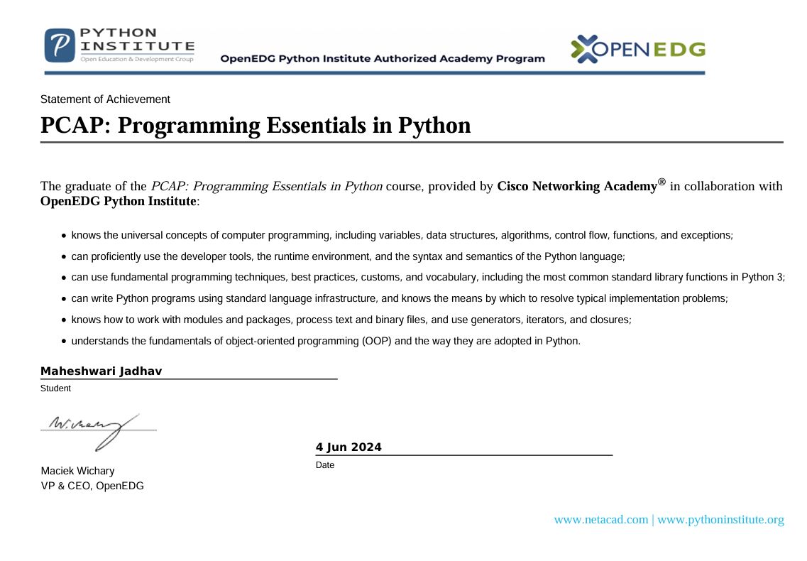 Maheshwari Jadhav on LinkedIn: #python #programming #certification # ... Maheshwari Jadhav on LinkedIn: #python #programming #certification # ...