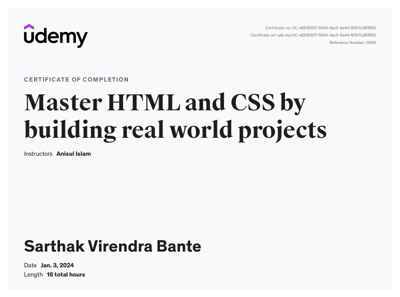 SARTHAK BANTE on LinkedIn: #html #css #webdevelopment #udemycertificate ... SARTHAK BANTE on LinkedIn: #html #css #webdevelopment #udemycertificate ...