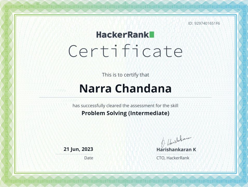 Narra Chandana on LinkedIn: #hackerrank #coding #certification # ... Narra Chandana on LinkedIn: #hackerrank #coding #certification # ...