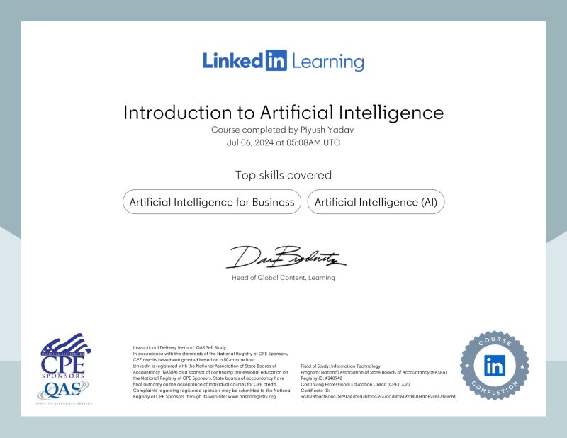 Piyush Yadav on LinkedIn: Certificate of Completion Piyush Yadav on LinkedIn: Certificate of Completion