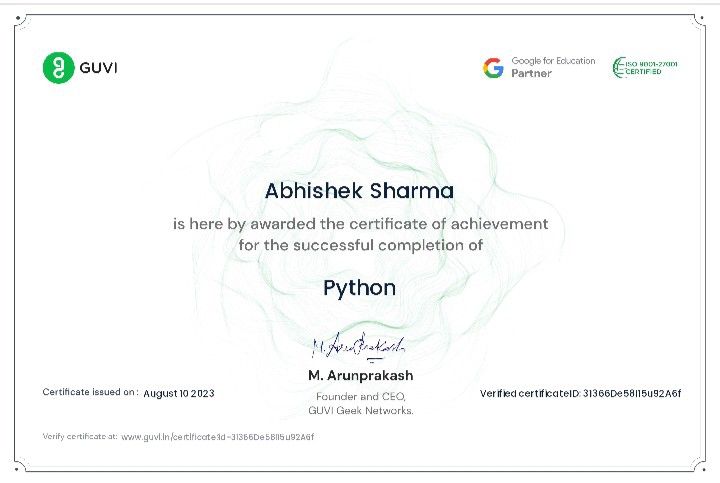 Abhishek Sharma on LinkedIn: i complete my python language from guvi ... Abhishek Sharma on LinkedIn: i complete my python language from guvi ...