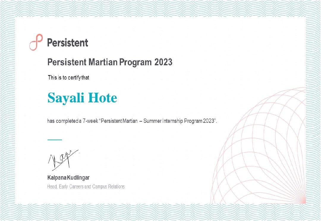 Sayali Hote on LinkedIn: #internship #persistentsystems #martianprogram2023 Sayali Hote on LinkedIn: #internship #persistentsystems #martianprogram2023