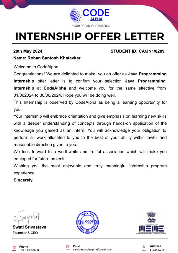 Rohan Khatavkar on LinkedIn: #codealpha #javaprogramming #internship Rohan Khatavkar on LinkedIn: #codealpha #javaprogramming #internship