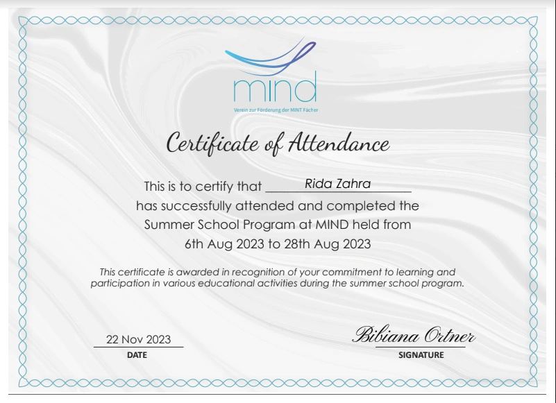 Rida Zahra on LinkedIn: Completed Summer School program at MIND by ... Rida Zahra on LinkedIn: Completed Summer School program at MIND by ...