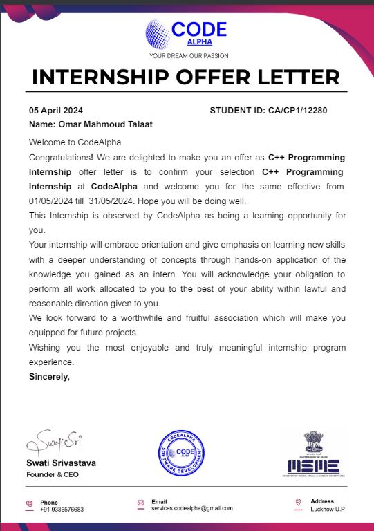 Omar Talaat on LinkedIn: #internship #cplusplus #codealpha # ... Omar Talaat on LinkedIn: #internship #cplusplus #codealpha # ...