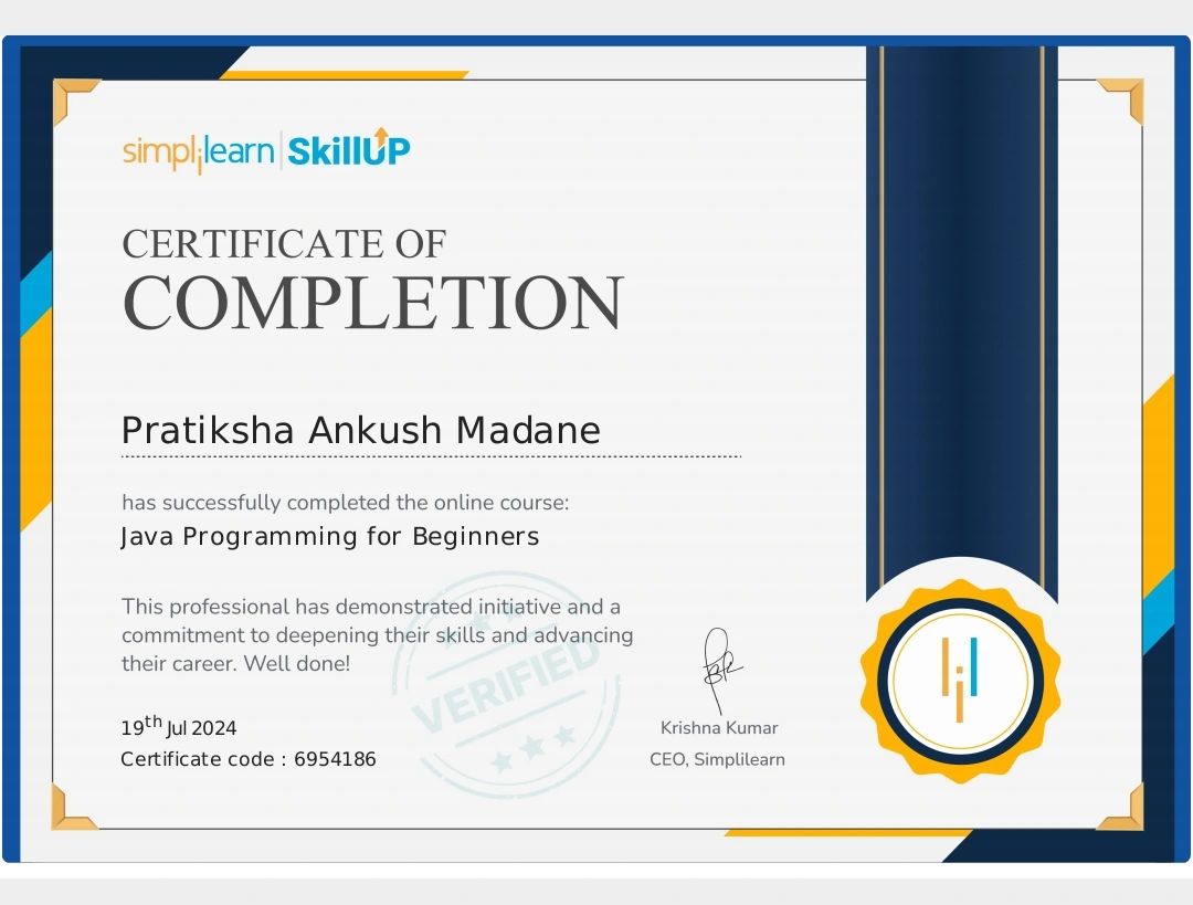 Pratiksha Madane on LinkedIn: #javaprogramming #certification # ... Pratiksha Madane on LinkedIn: #javaprogramming #certification # ...