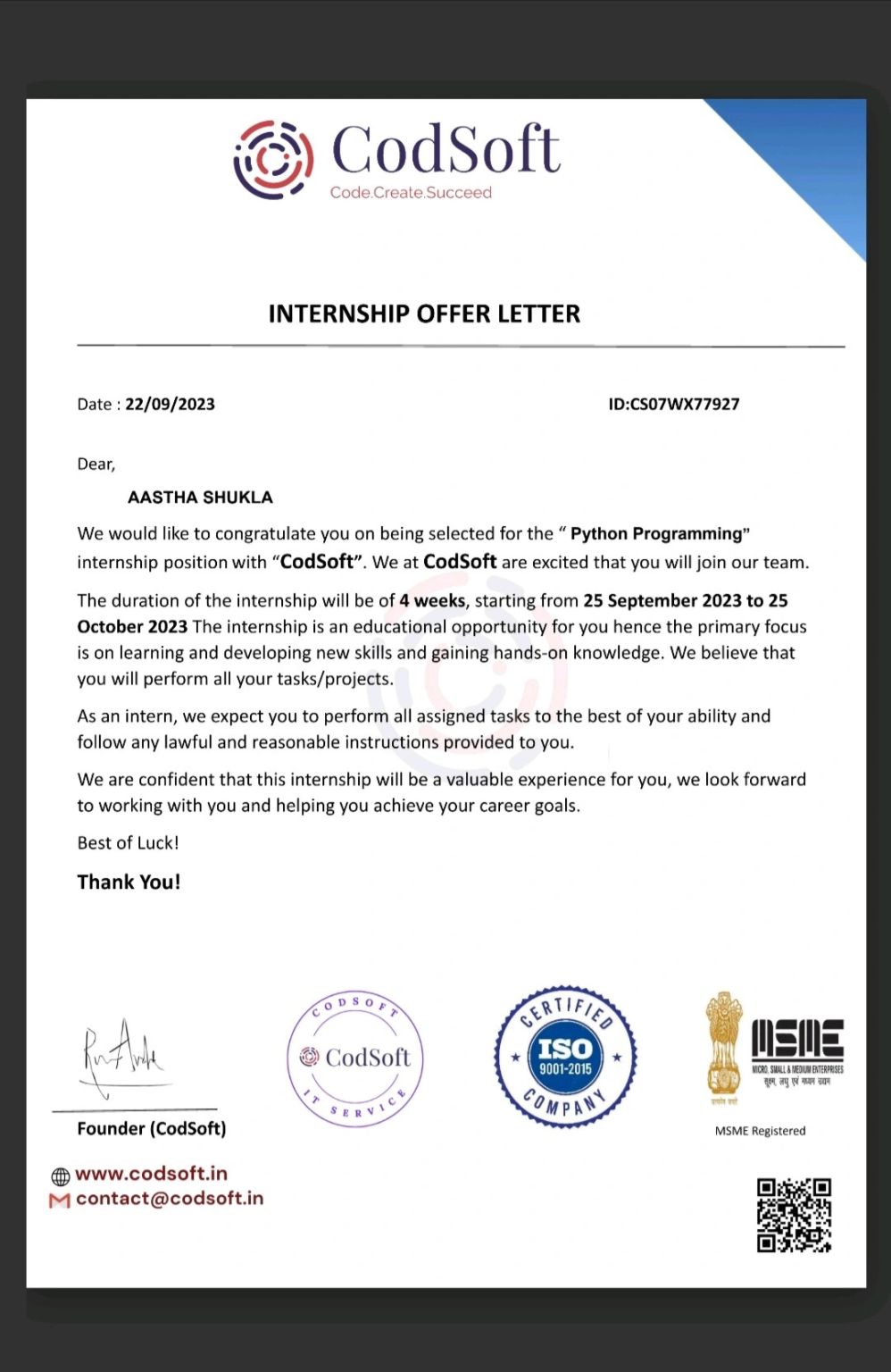 Aastha Shukla on LinkedIn: #newbeginnings #offeraccepted #codsoft # ... Aastha Shukla on LinkedIn: #newbeginnings #offeraccepted #codsoft # ...