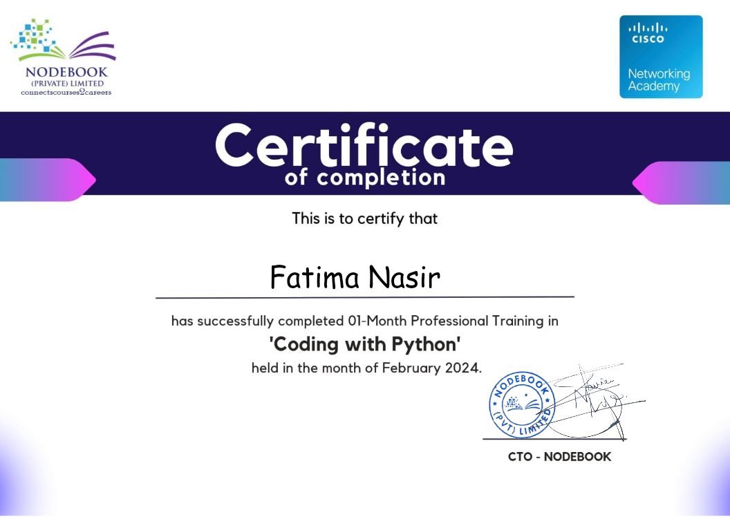 fatima nasir on LinkedIn: #python #coding #certified fatima nasir on LinkedIn: #python #coding #certified