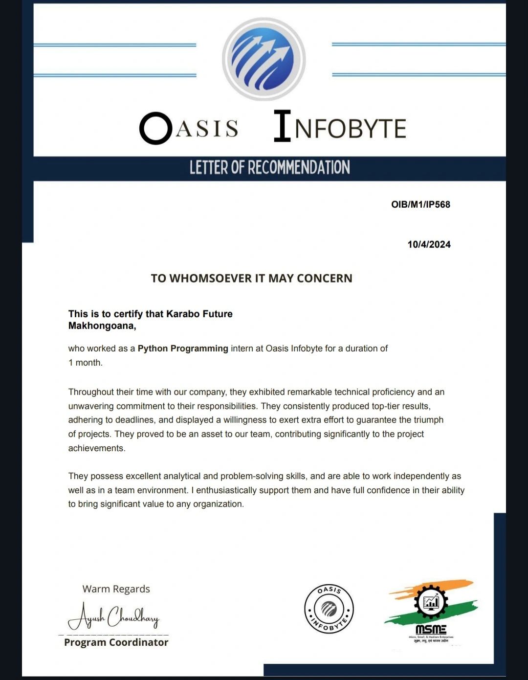 Karabo Makhongoana on LinkedIn: #oibsip #oasisinfobyte Karabo Makhongoana on LinkedIn: #oibsip #oasisinfobyte