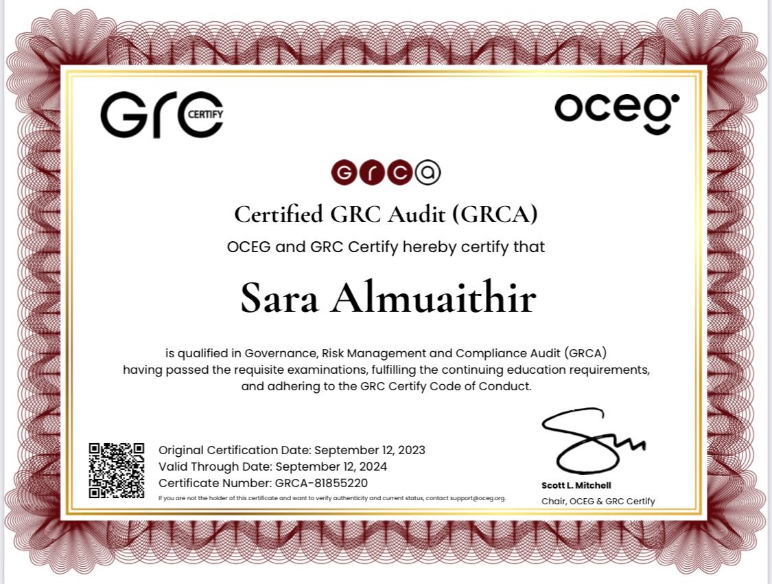 Sarah Almuaithir , MSc , GRCP , GRCA on LinkedIn: #grc #oceg #grca Sarah Almuaithir , MSc , GRCP , GRCA on LinkedIn: #grc #oceg #grca