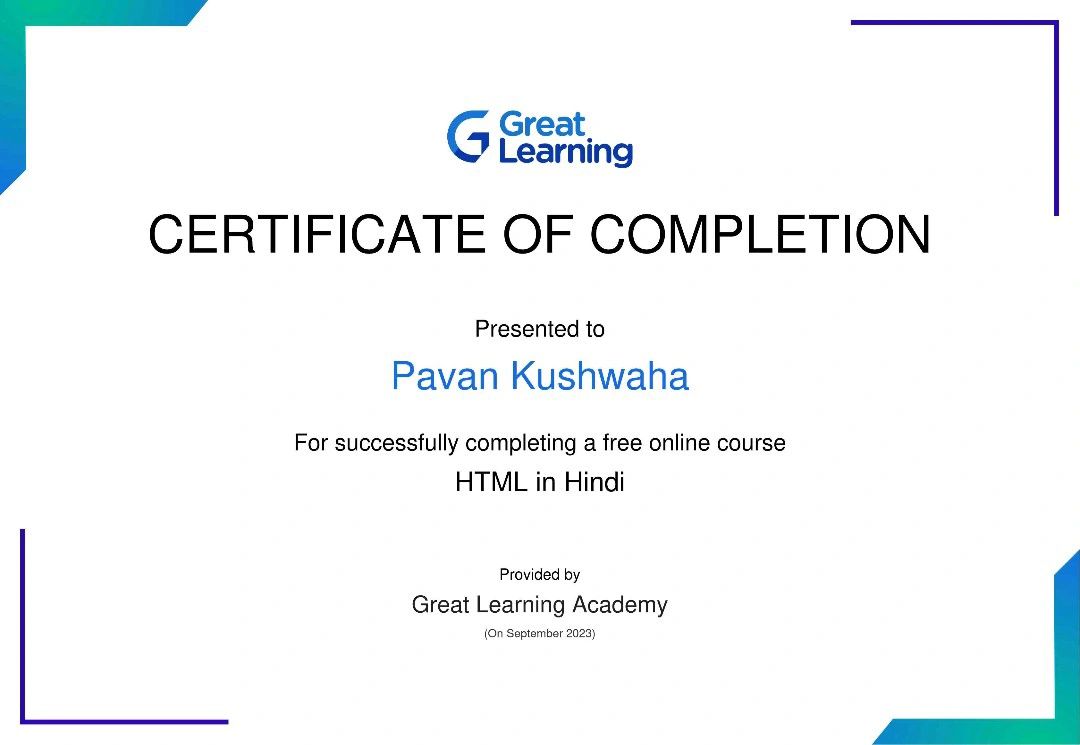Pavan Kushwaha on LinkedIn: #certificate #certificateofcompletion #html ... Pavan Kushwaha on LinkedIn: #certificate #certificateofcompletion #html ...