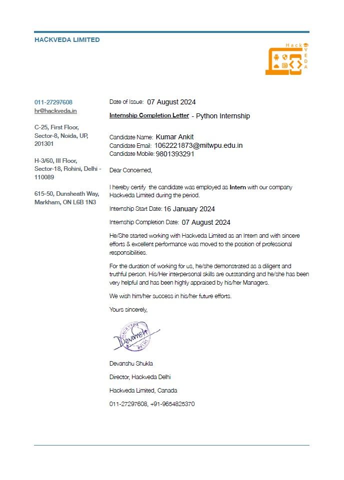 Kumar Ankit on LinkedIn: #internship #hackveda #python Kumar Ankit on LinkedIn: #internship #hackveda #python