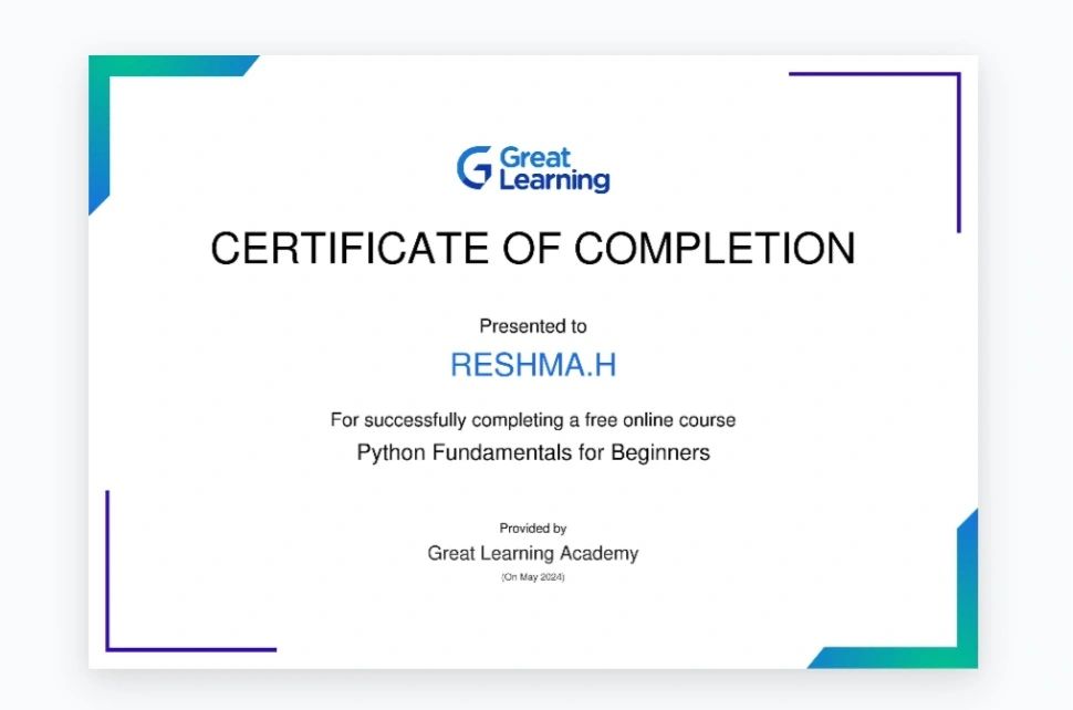 Reshma H on LinkedIn: successfully completed python course!! Reshma H on LinkedIn: successfully completed python course!!