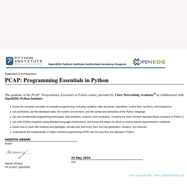 Aashiya Ansari on LinkedIn: #python #certification #cisco #programming Aashiya Ansari on LinkedIn: #python #certification #cisco #programming