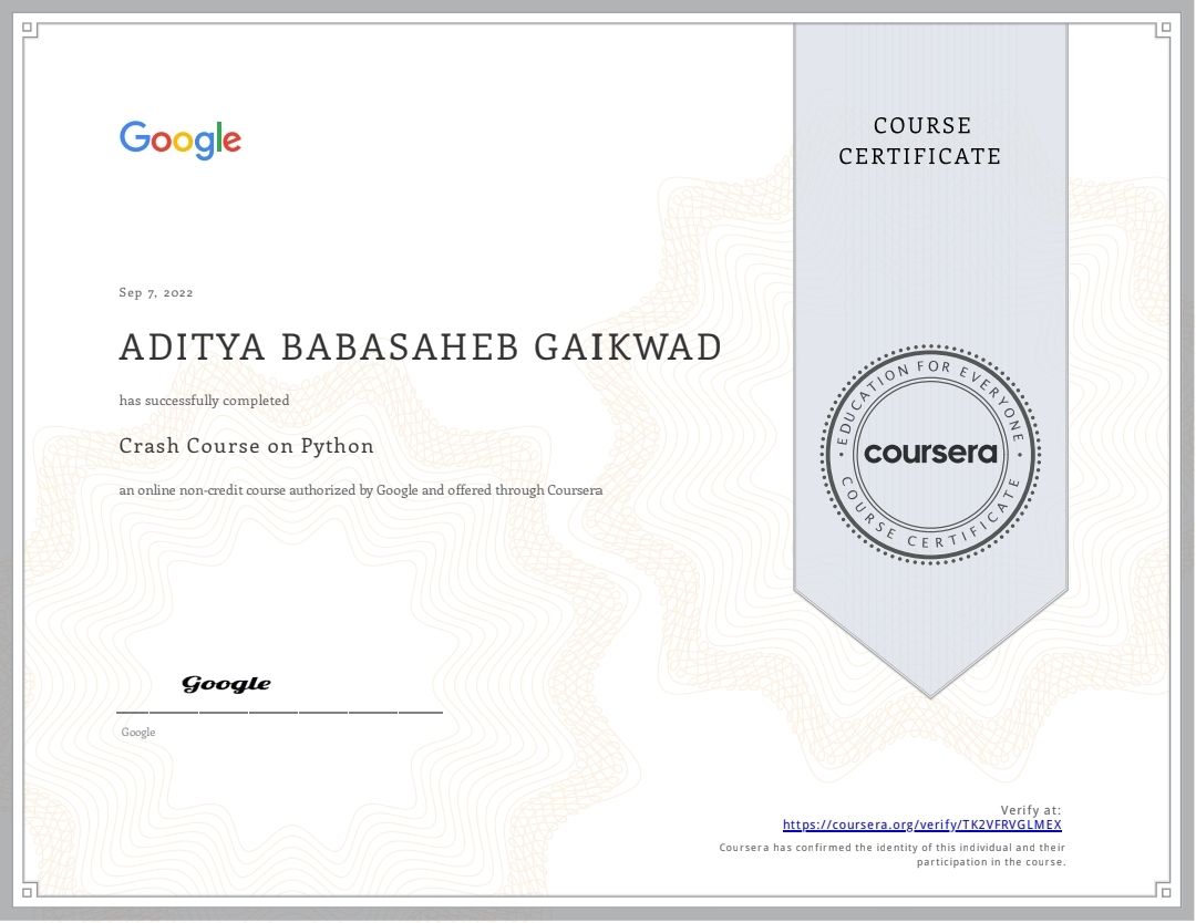 Aditya Gaikwad on LinkedIn: #pythoncoding #courseragrad Aditya Gaikwad on LinkedIn: #pythoncoding #courseragrad