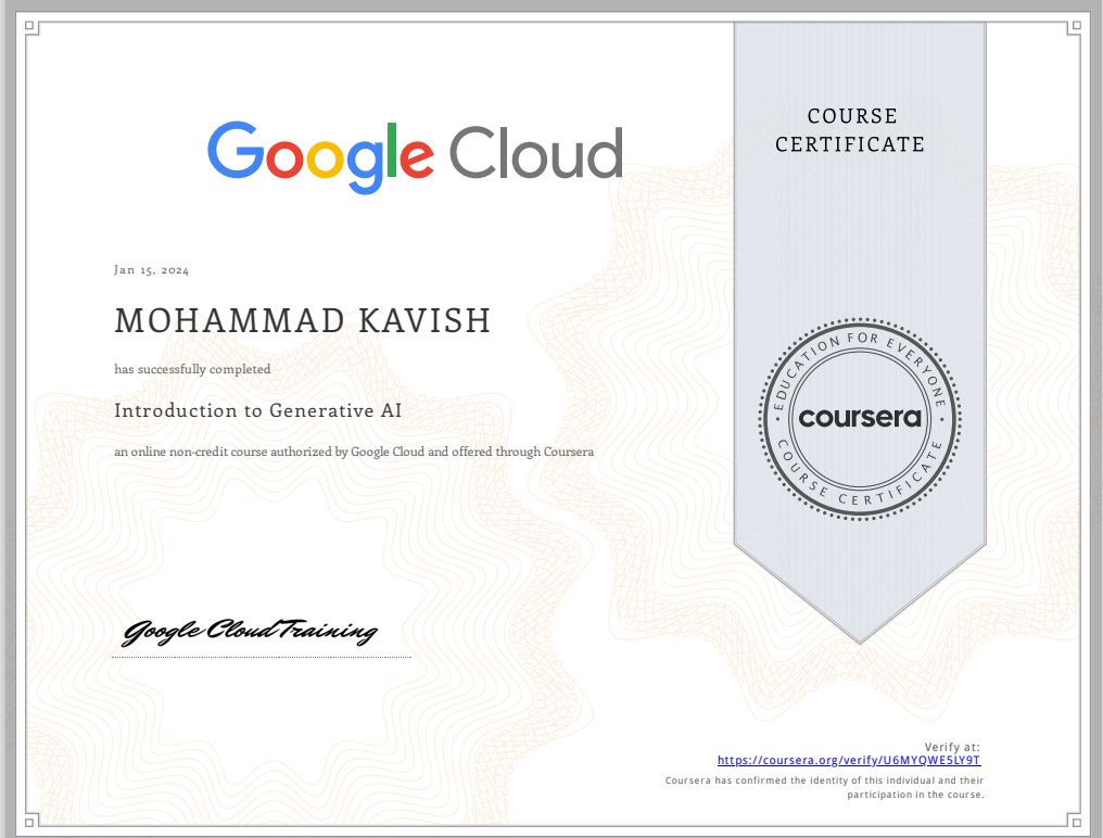 Completed Generative AI course by Google Cloud | MOHAMMAD KAVISH posted ... Completed Generative AI course by Google Cloud | MOHAMMAD KAVISH posted ...