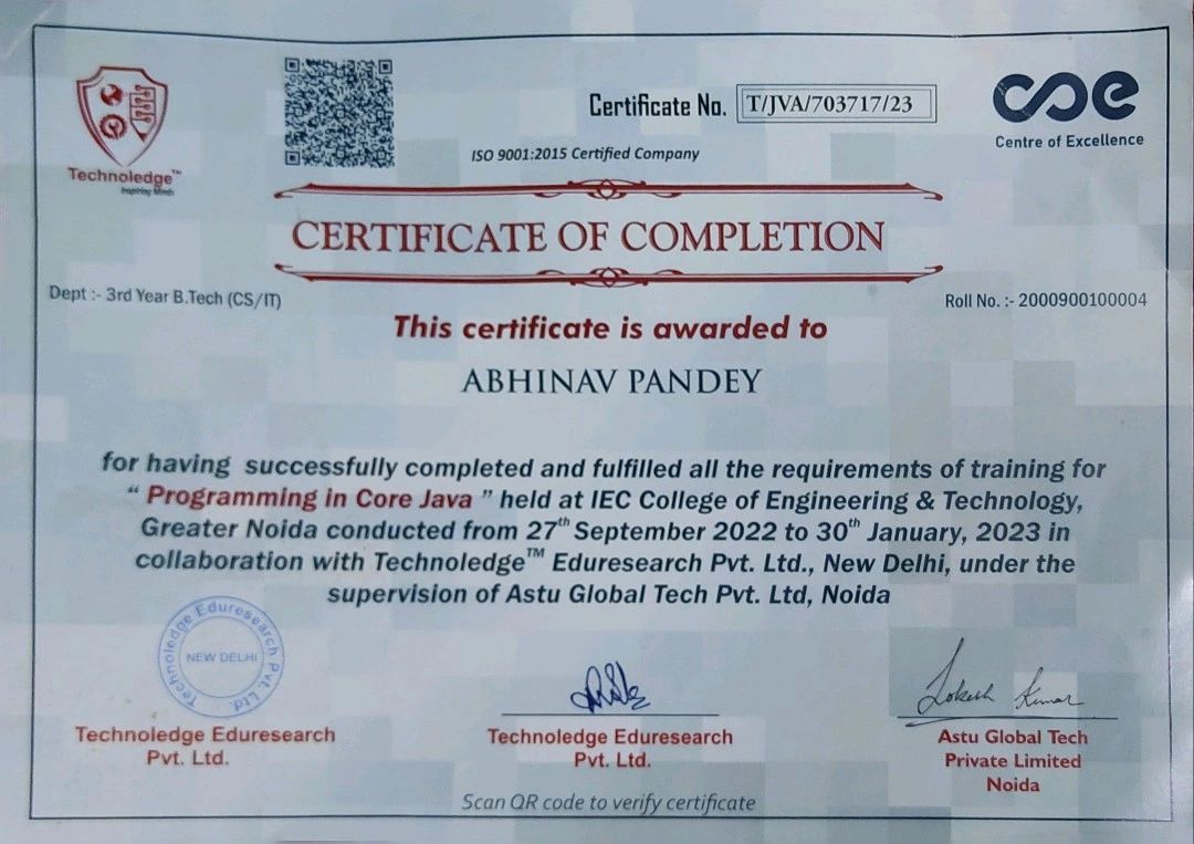 Abhinav Pandey on LinkedIn: Certificate Of Completion (Core Java) Abhinav Pandey on LinkedIn: Certificate Of Completion (Core Java)