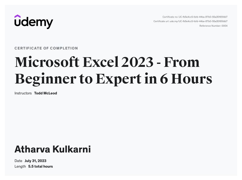 Atharva Kulkarni on LinkedIn: #advancedexcel #udemycourse #certification Atharva Kulkarni on LinkedIn: #advancedexcel #udemycourse #certification