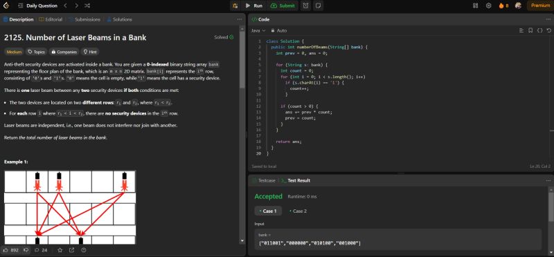 Day 43 of #100DaysOfCode challenge: Laser beams in a bank | vaibhav ... Day 43 of #100DaysOfCode challenge: Laser beams in a bank | vaibhav ...