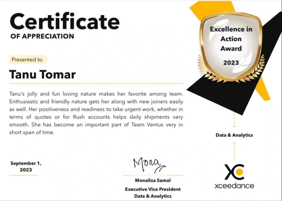 Tanu Tomar on LinkedIn: Thank you Xceedance for honouring me with ... Tanu Tomar on LinkedIn: Thank you Xceedance for honouring me with ...