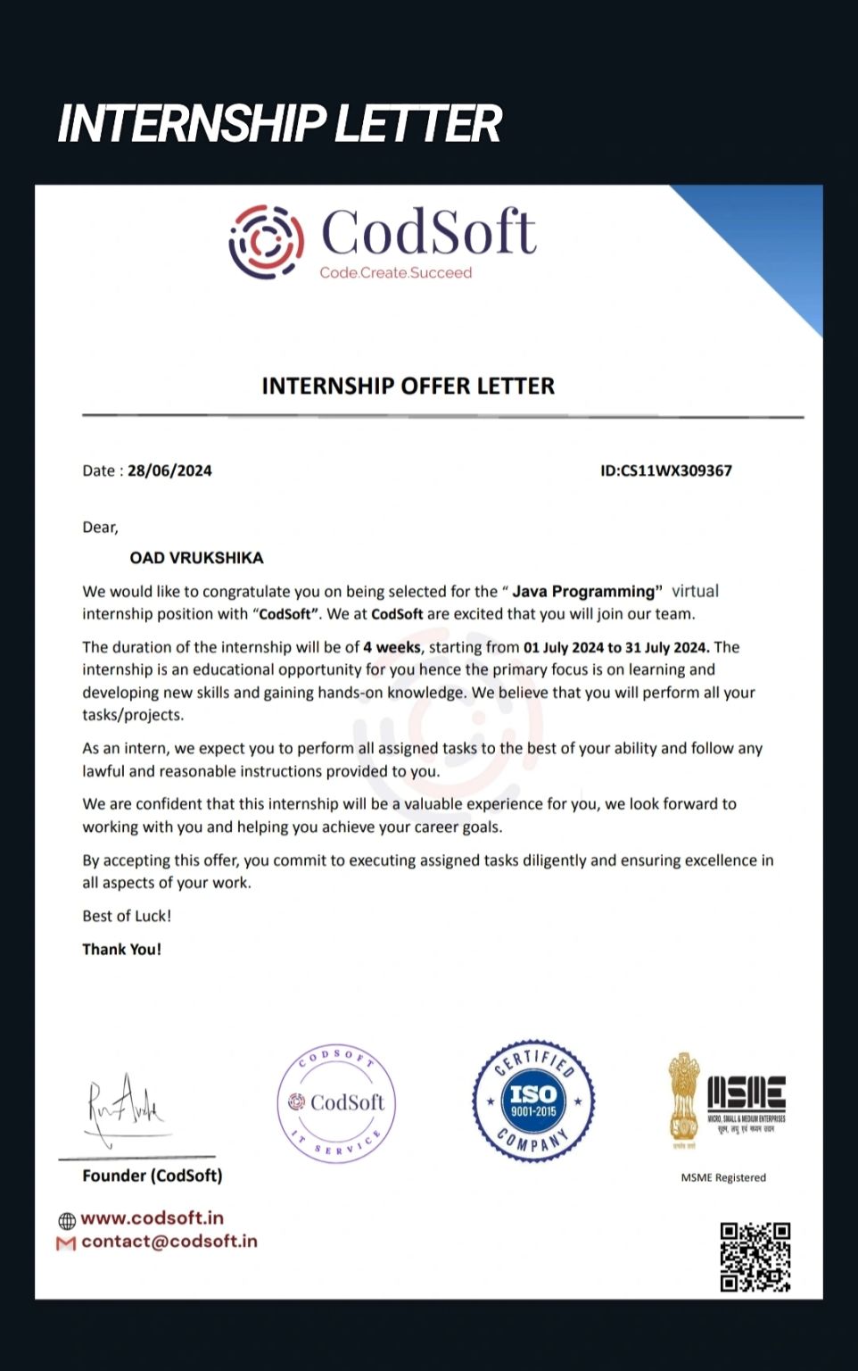Vrukshika Oad on LinkedIn: #codsoft #java #codsoft #java #internship Vrukshika Oad on LinkedIn: #codsoft #java #codsoft #java #internship