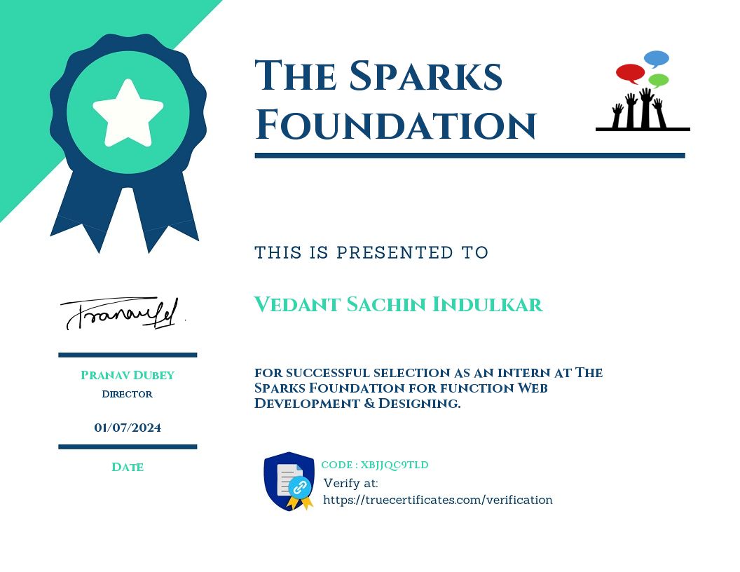 Vedant I. on LinkedIn: #sparksfoundation #webdevelopment #internship Vedant I. on LinkedIn: #sparksfoundation #webdevelopment #internship
