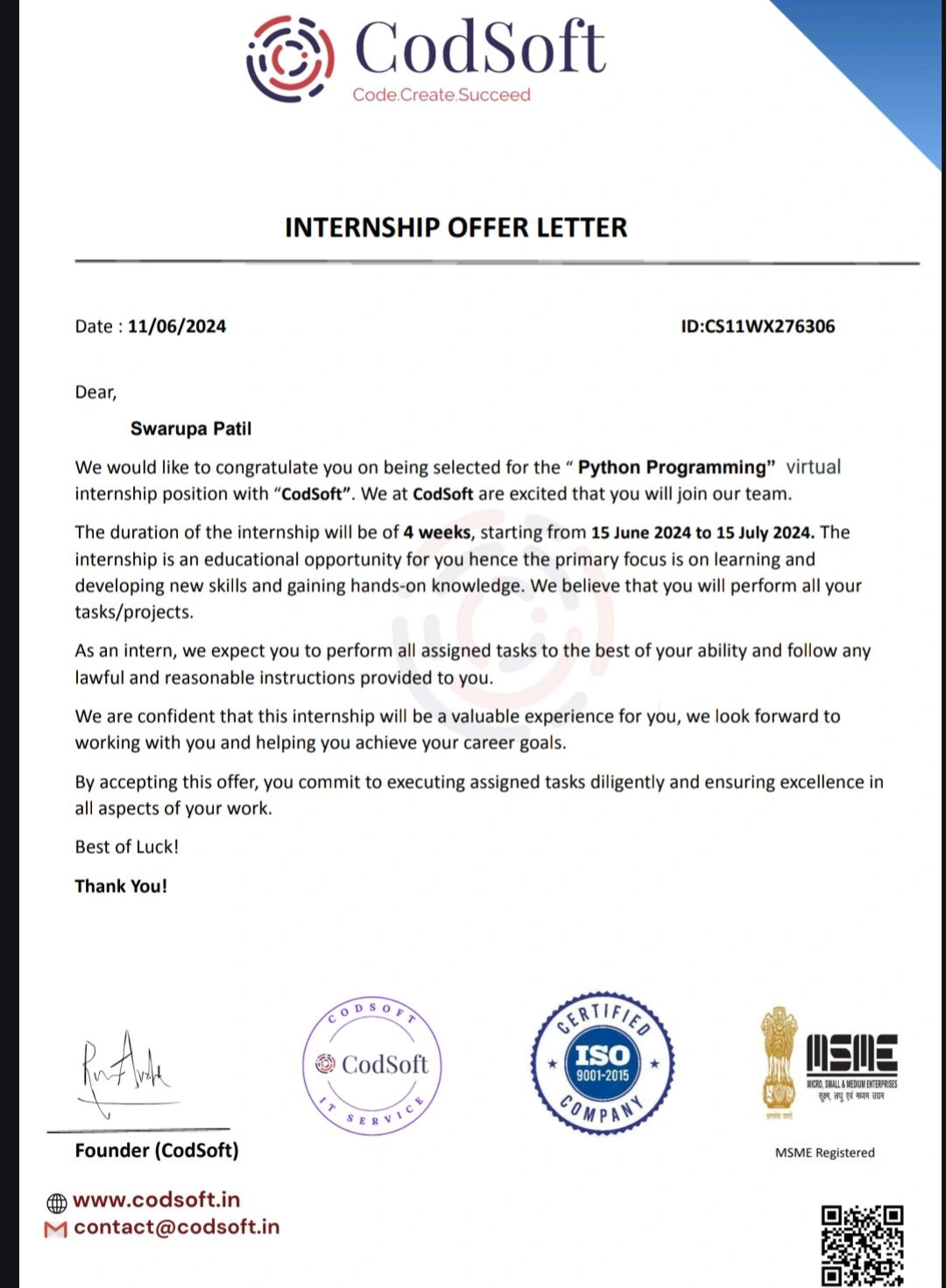 Swarupa Patil on LinkedIn: #internship #pythonprogramming #codsoft # ... Swarupa Patil on LinkedIn: #internship #pythonprogramming #codsoft # ...