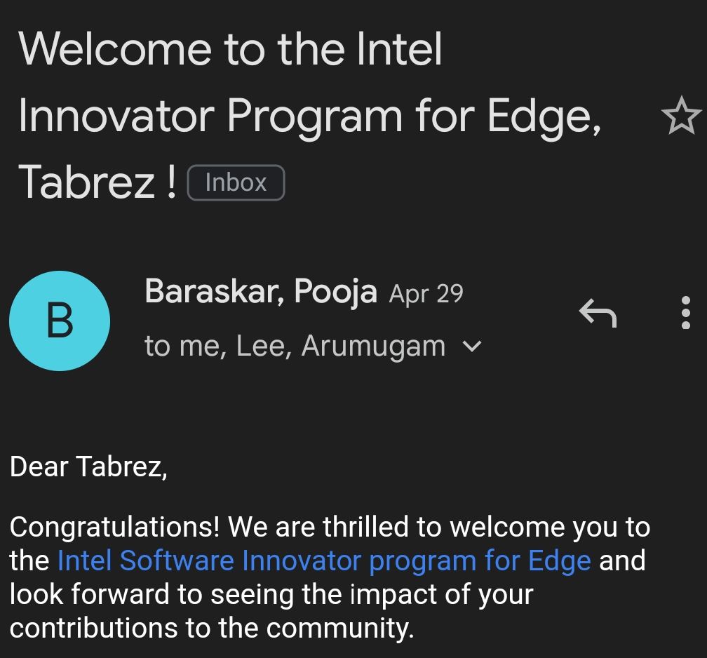 Tabrez Sayed on LinkedIn: #intelsoftwareinnovator #edgecomputing #ai # ... Tabrez Sayed on LinkedIn: #intelsoftwareinnovator #edgecomputing #ai # ...