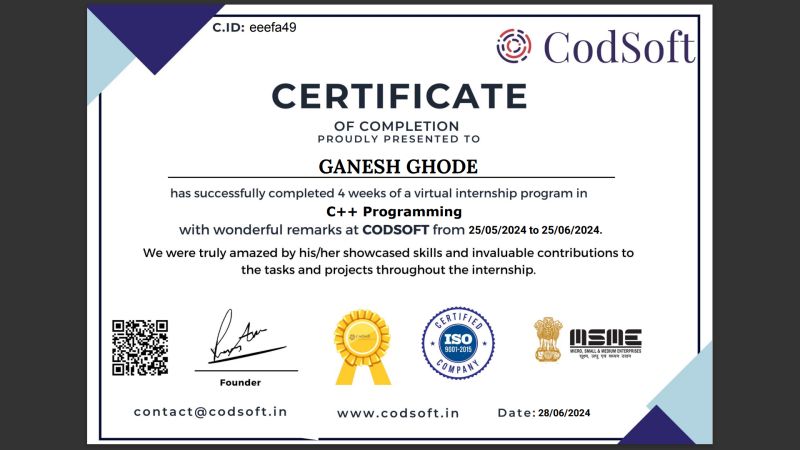 Ganesh Ghode on LinkedIn: #c #programming #codsoft #internship # ... Ganesh Ghode on LinkedIn: #c #programming #codsoft #internship # ...