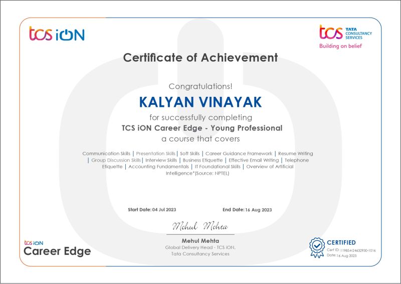 Kalyan Vinayak on LinkedIn: #tcsioncareeredge #youngprofessional # ... Kalyan Vinayak on LinkedIn: #tcsioncareeredge #youngprofessional # ...