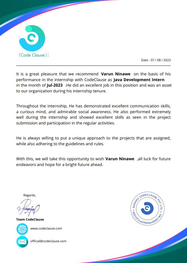 Varun Ninawe on LinkedIn: #internship #codeclause #lor Varun Ninawe on LinkedIn: #internship #codeclause #lor