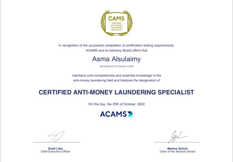 Asma Alsulaimy. ACAMS , CCO , GRCP , GRCA on LinkedIn: #cams #acams ... Asma Alsulaimy. ACAMS , CCO , GRCP , GRCA on LinkedIn: #cams #acams ...