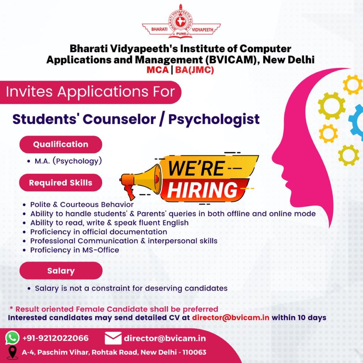 BVICAM (New Delhi) on LinkedIn: #hiring #psychology #cv #students # ... BVICAM (New Delhi) on LinkedIn: #hiring #psychology #cv #students # ...